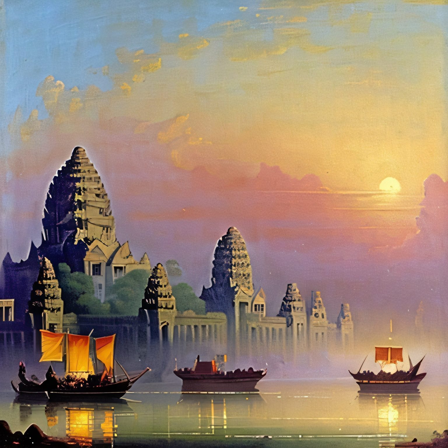 Painting of a ship in river In front of Angkor Wat Temple Cambodia - AI ...